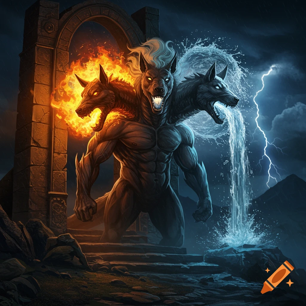 Close-up of an angry powerful fantasy god with ram horns, one side a ...