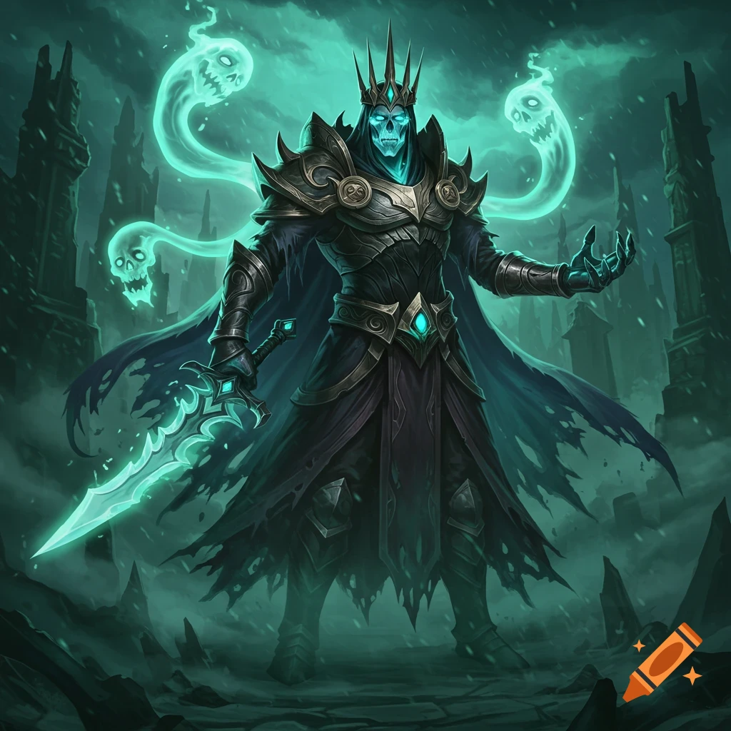A spectral undead king in dark armor, glowing cyan eyes, crown ...