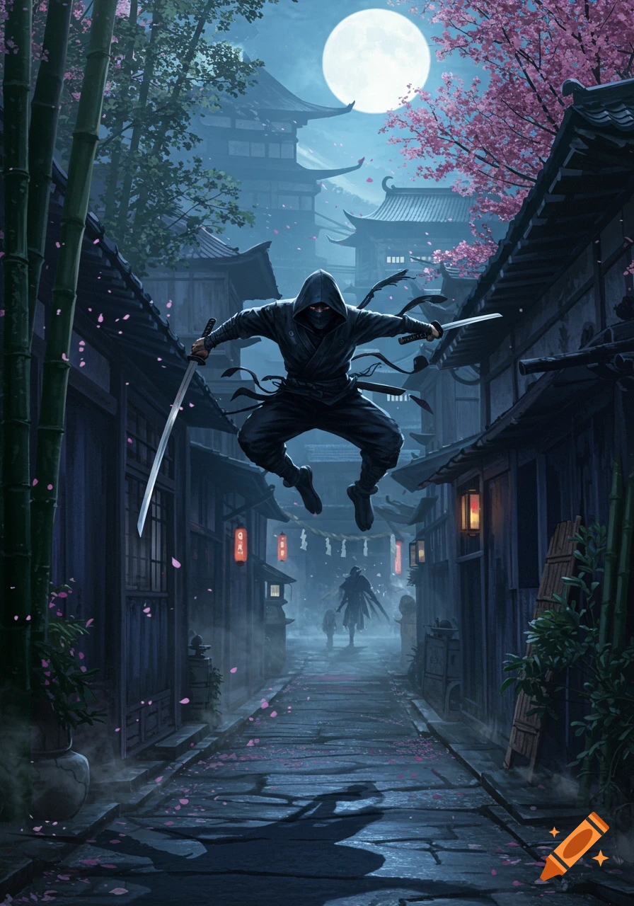A ninja jumps in mid-air with katanas down a dark, moonlit Japanese ...
