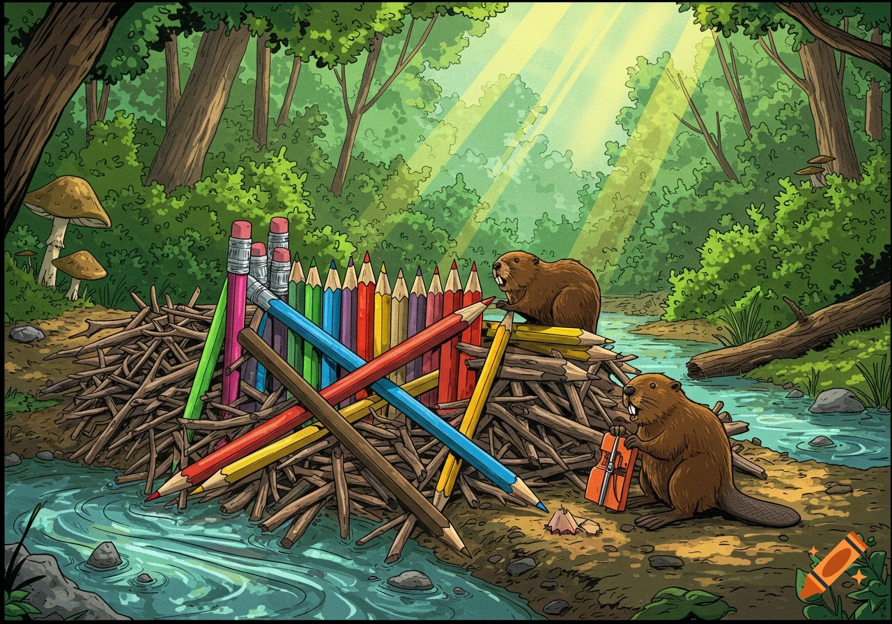 Two beavers building a dam out of colorful pencils and sticks in a ...