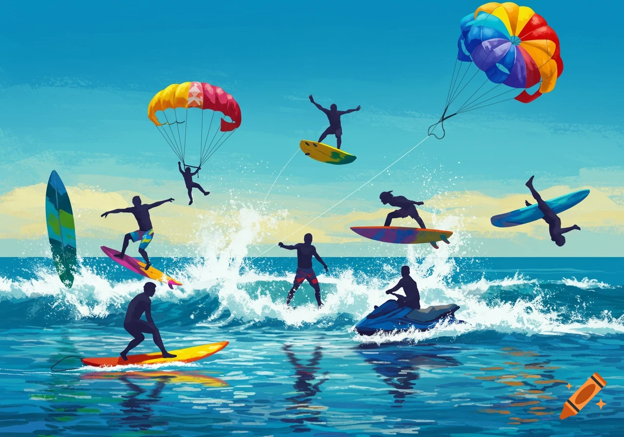 Stylized illustration of silhouetted figures enjoying water sports like ...