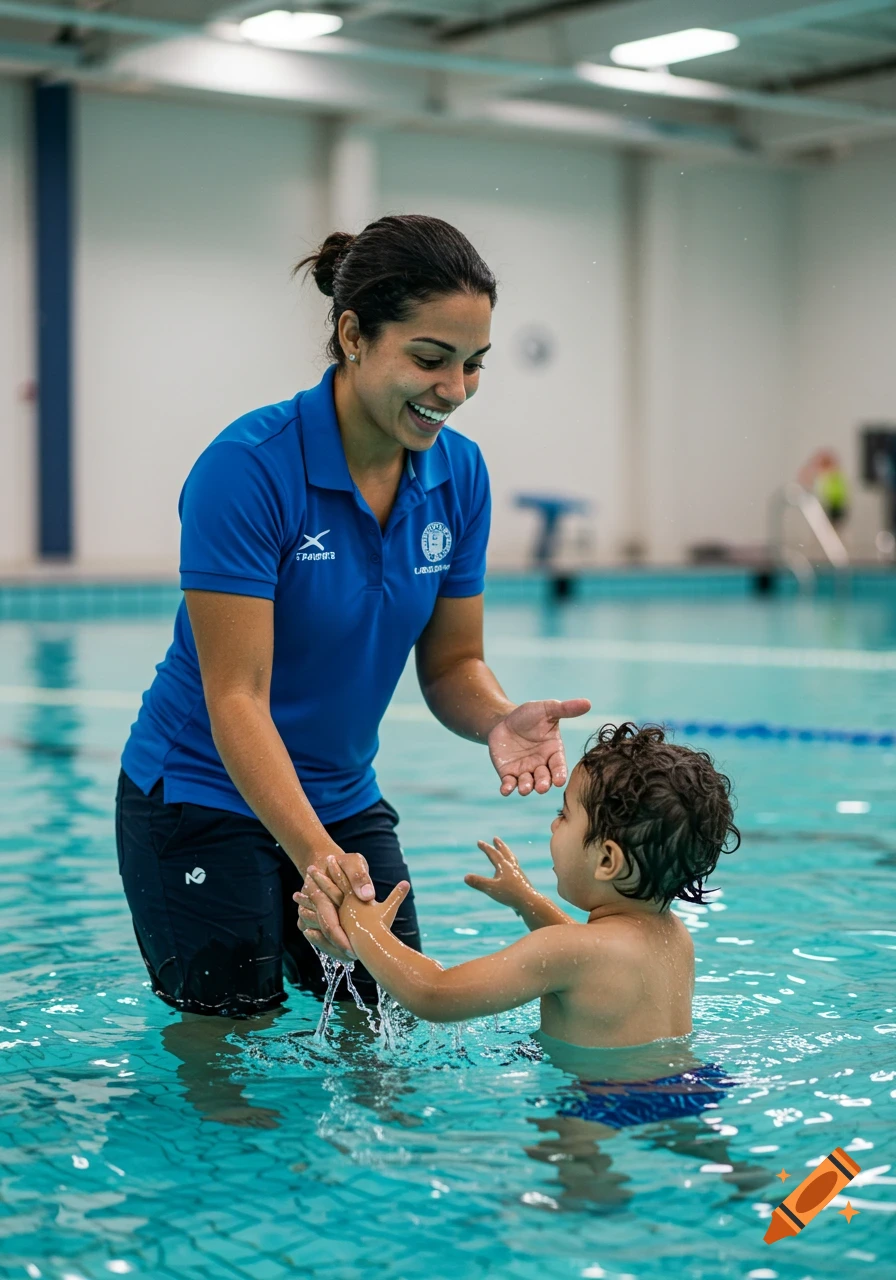 A smiling female swim coach in a blue uniform guides a young boy in a ...