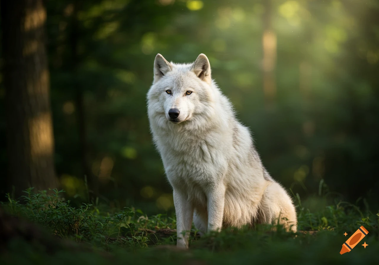 A majestic white wolf with golden eyes sits attentively in a lush ...