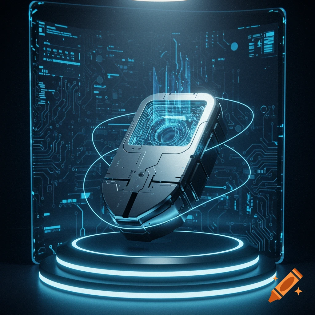 A futuristic, metallic device with blue neon accents floats above a ...