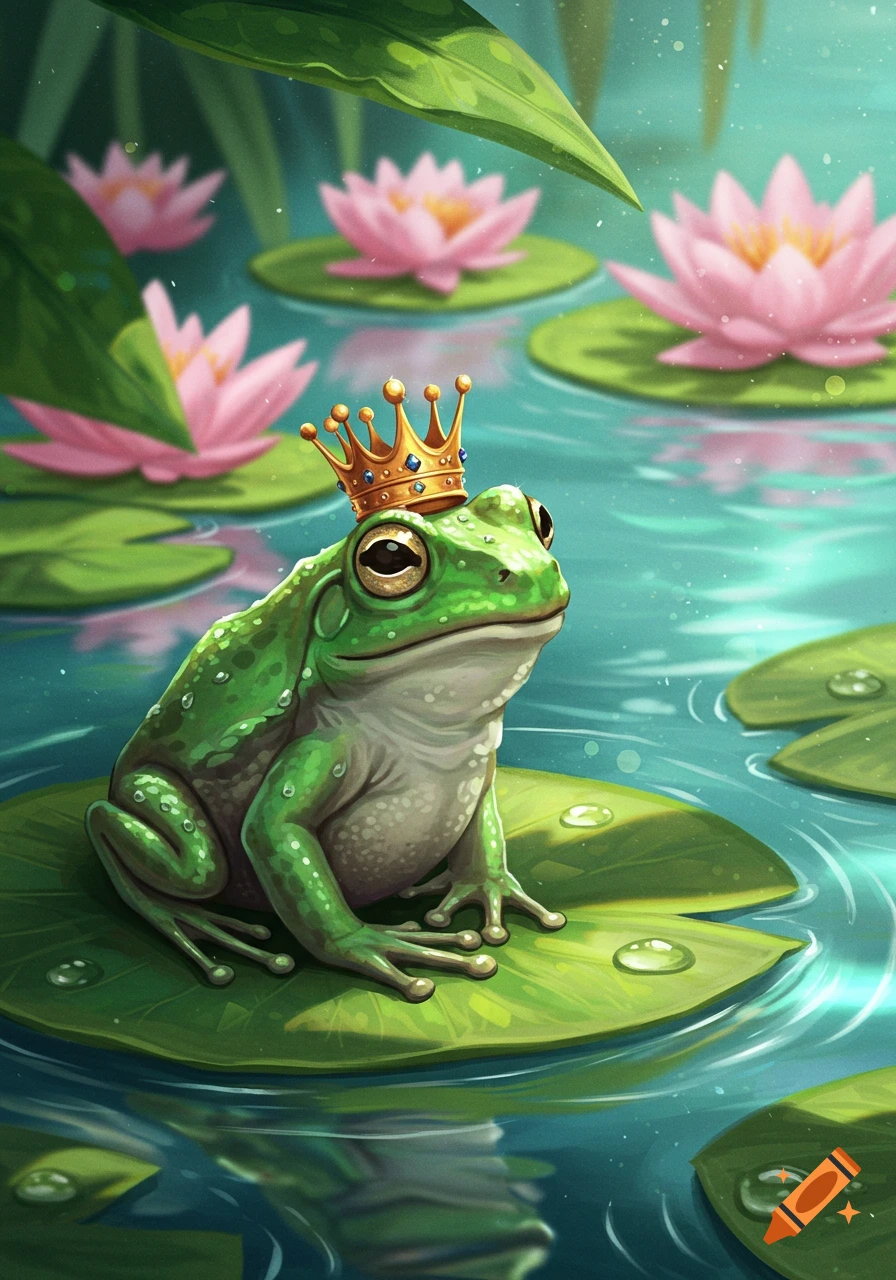 A green frog with a long, curly, furry brown tail sits by a pond with ...