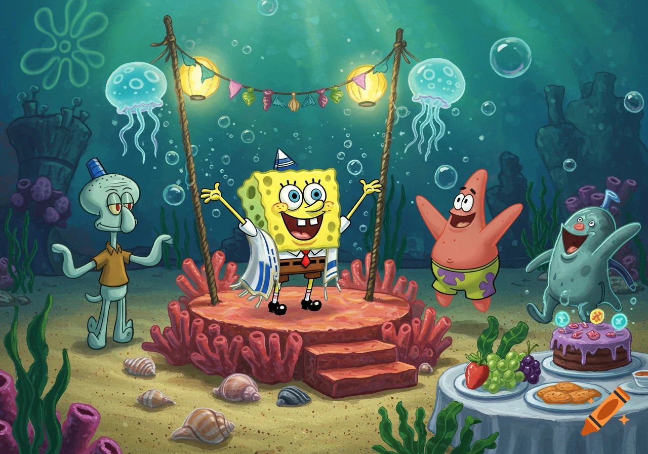 SpongeBob, in a tallit and party hat, on a coral stage with Patrick and ...