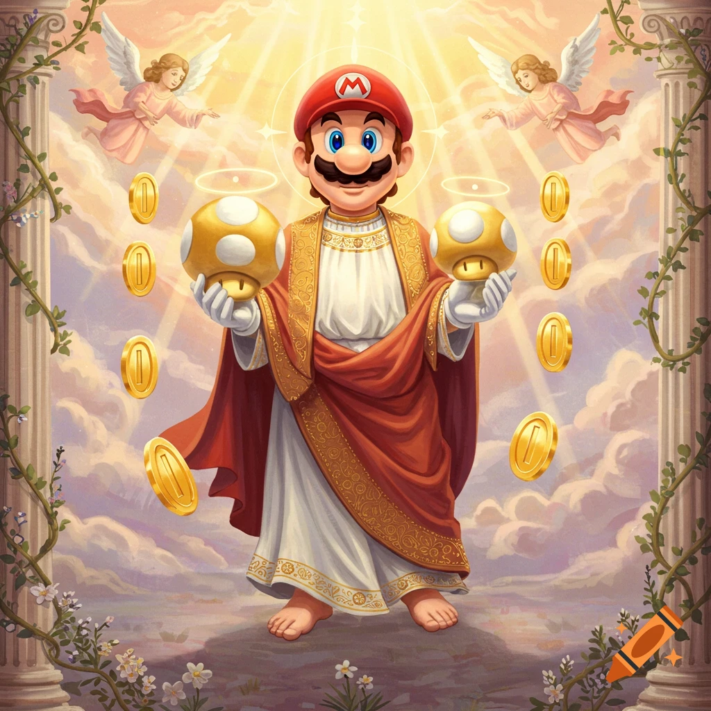 Mario depicted as a saint in classical robes, holding golden power-up ...