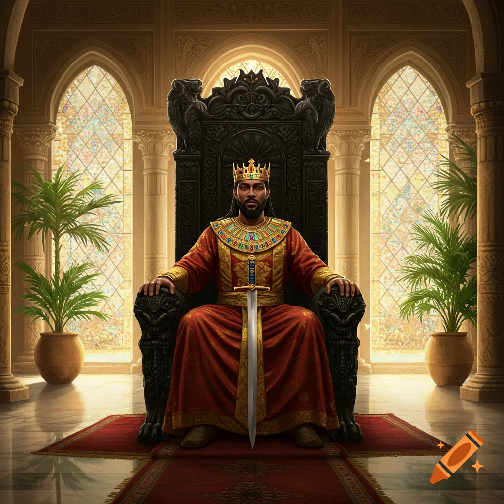A king in an ornate red and gold robe sits on a dark throne, holding a ...