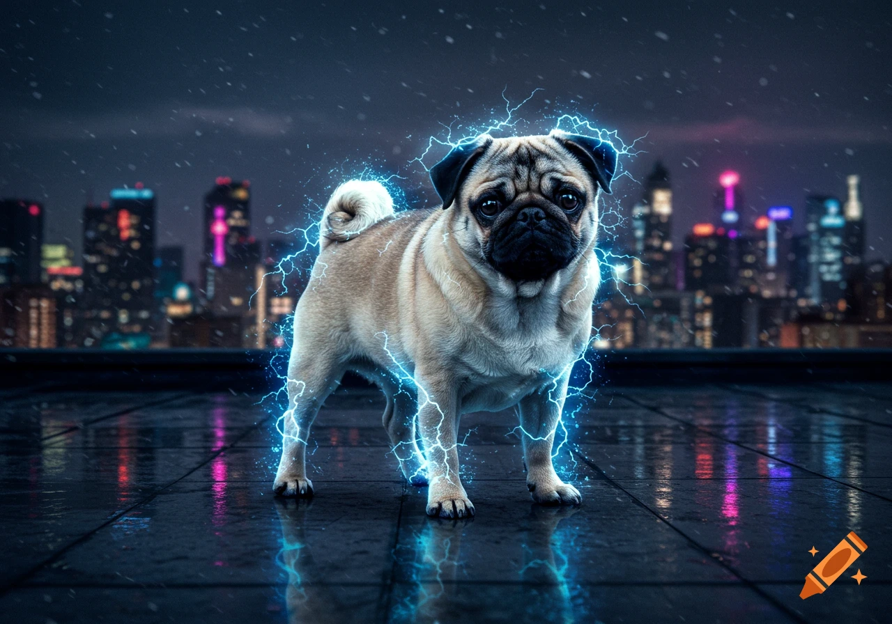 A pug dog stands on a wet rooftop at night, surrounded by blue ...