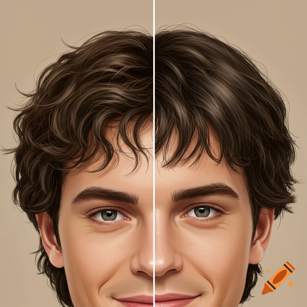 Digital art split portrait of a smiling man. Left: wavy dark brown hair ...