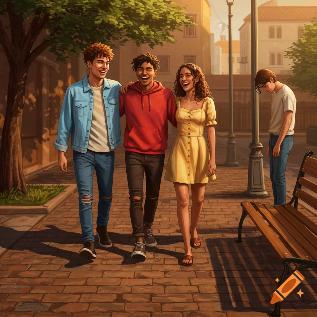 Three laughing friends walk on a sunny brick street past a sad person ...