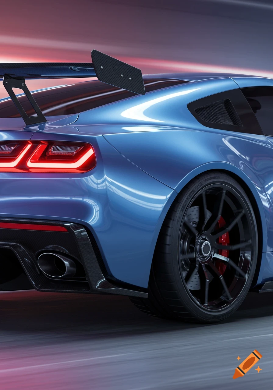 Rear quarter view of a sleek blue metallic sports car with a carbon ...