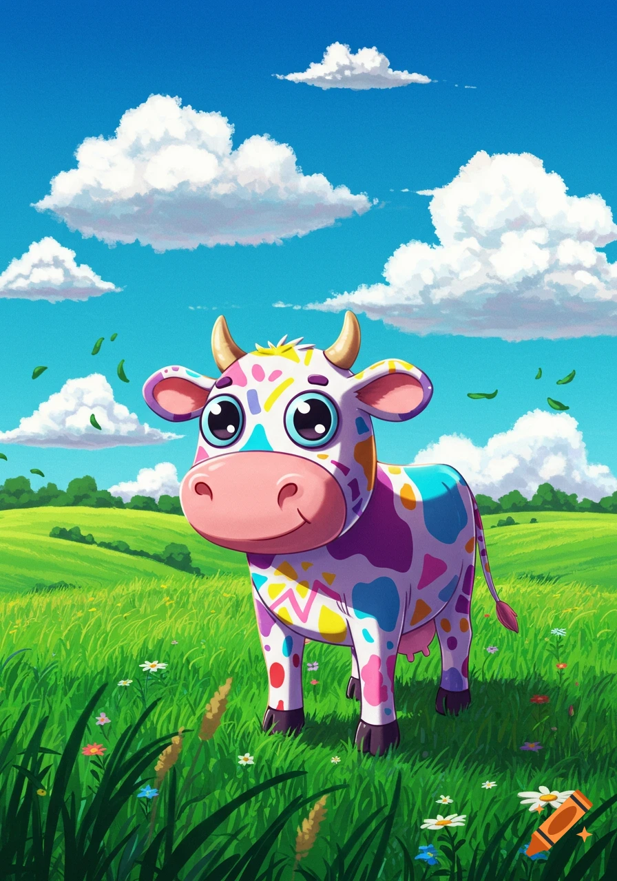 A cute baby cow looks up at a sparkling night sky with a shooting star ...