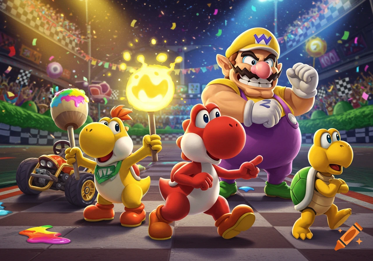 Mario, Luigi, and Princess Peach race karts on a colorful, multi ...
