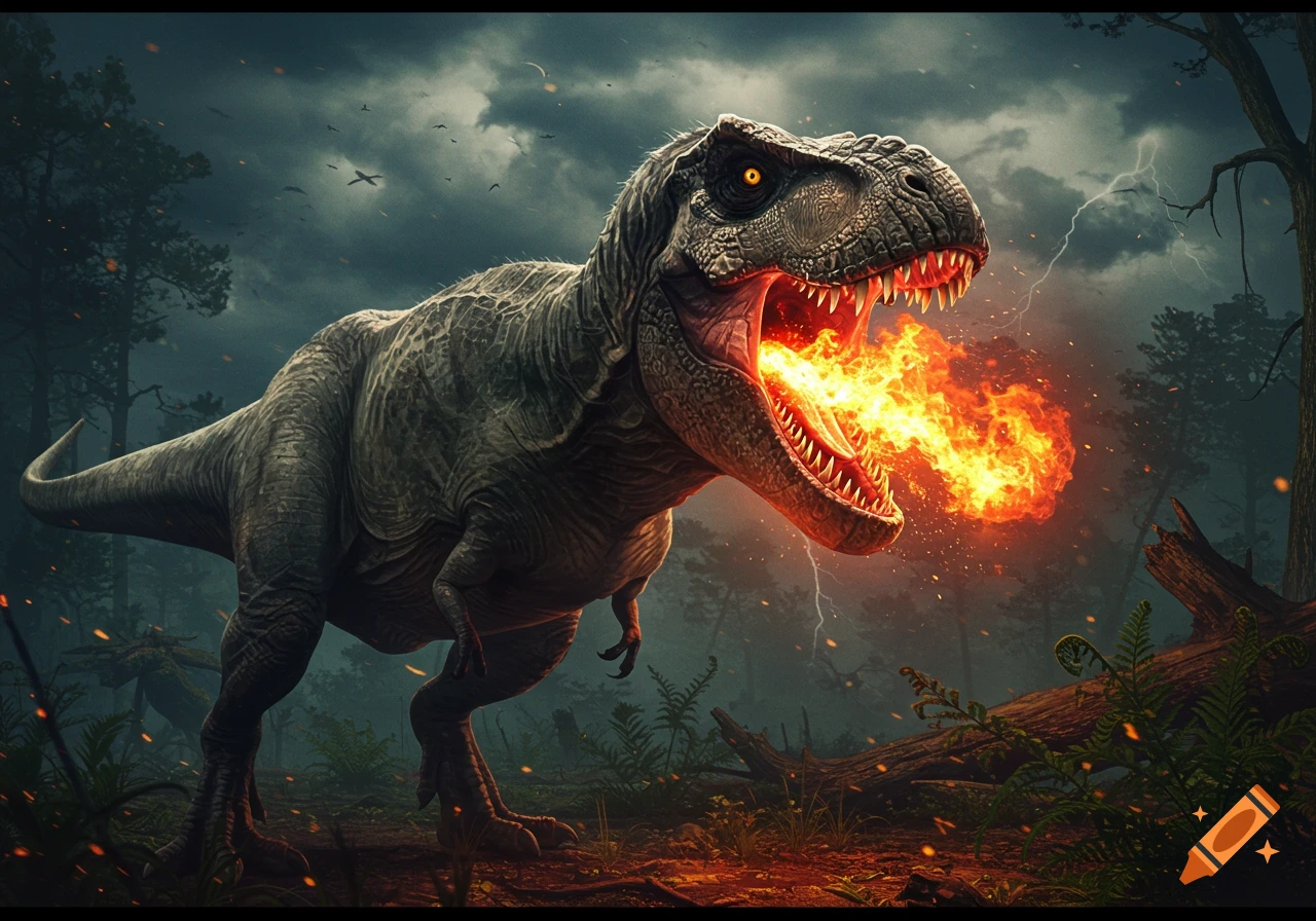 A powerful T-Rex breathes a stream of fire in a dark, stormy forest ...