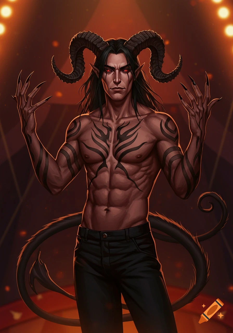 A muscular, dark-skinned demon man with ram horns, red eyes, long hair ...