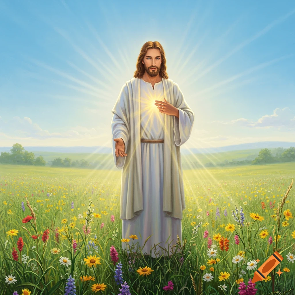Jesus stands in a vibrant wildflower field under a glowing sky with ...