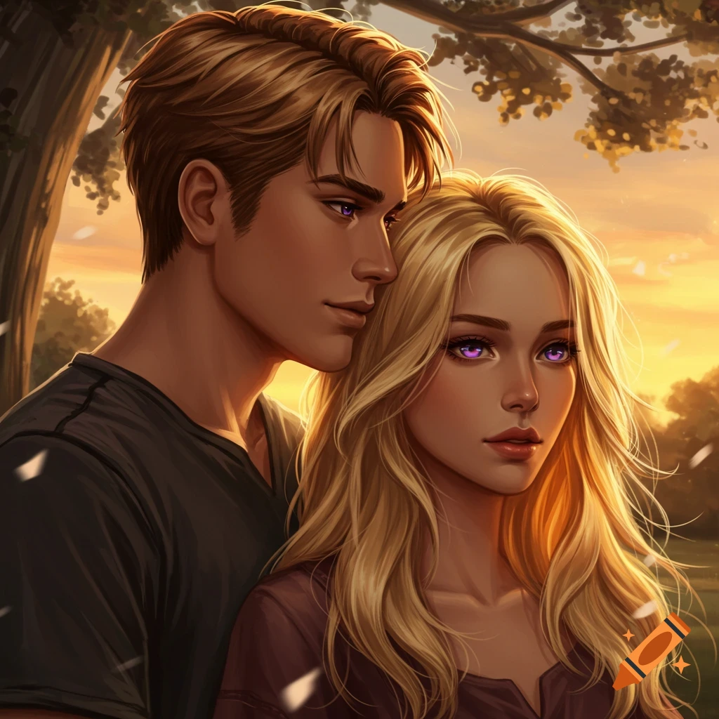 A handsome man embracing a beautiful blonde woman, both with purple ...