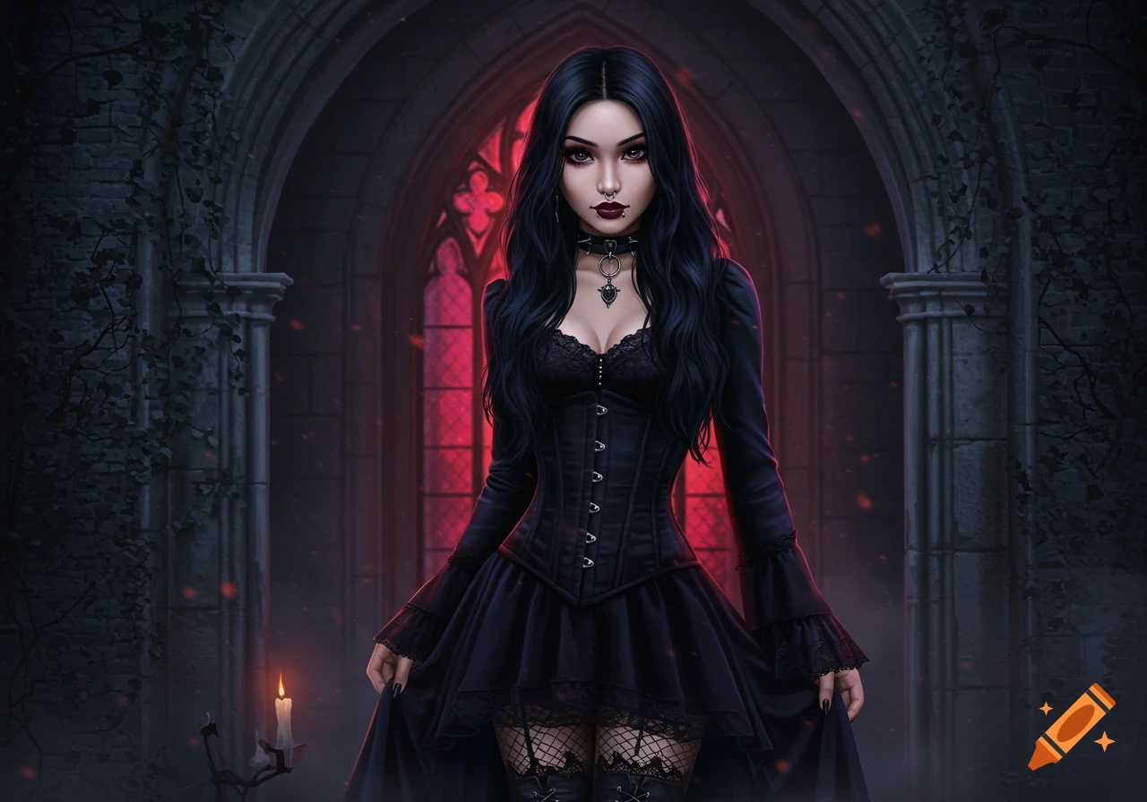 A beautiful goth girl with long black hair and a black corset dress ...