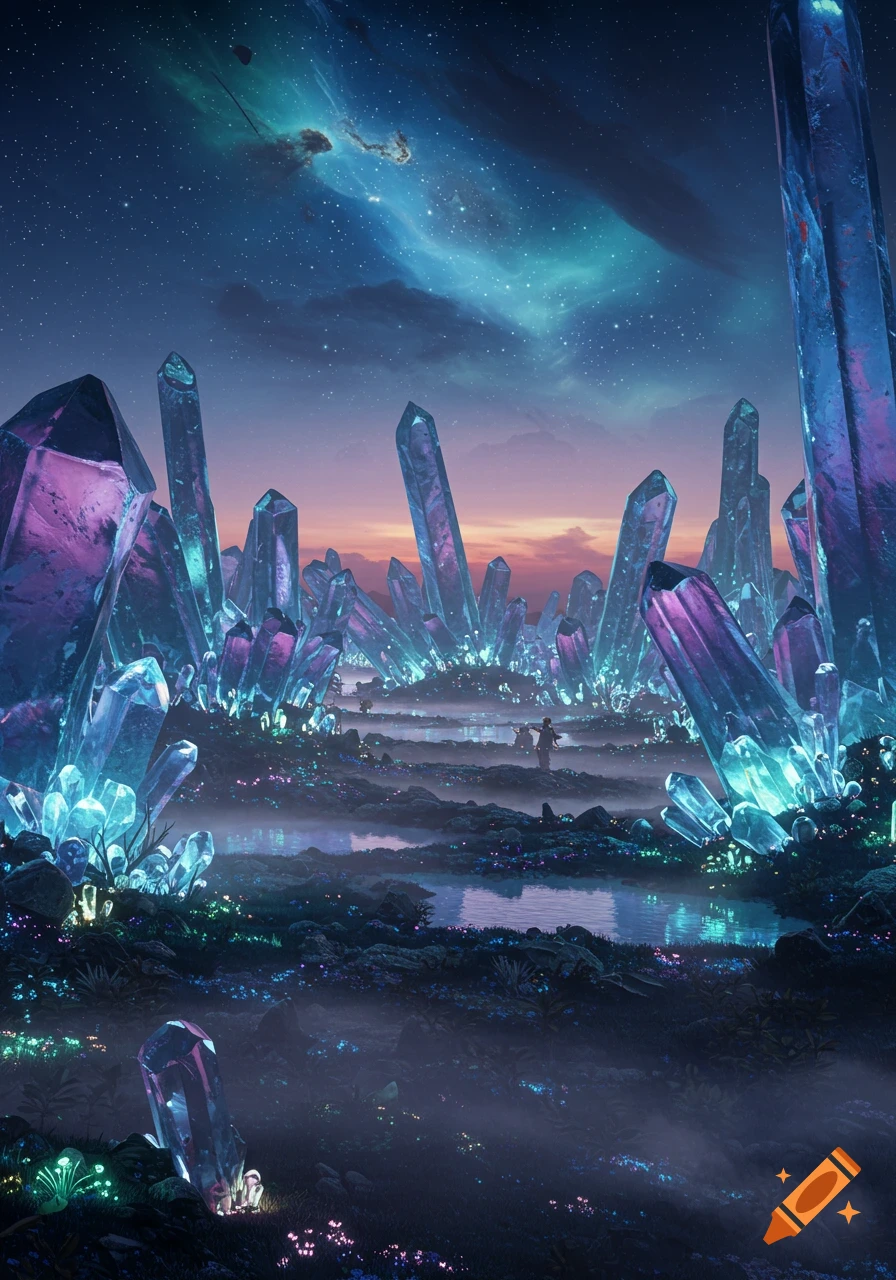 Ethereal purple and iridescent crystals and gemstones float in a starry ...