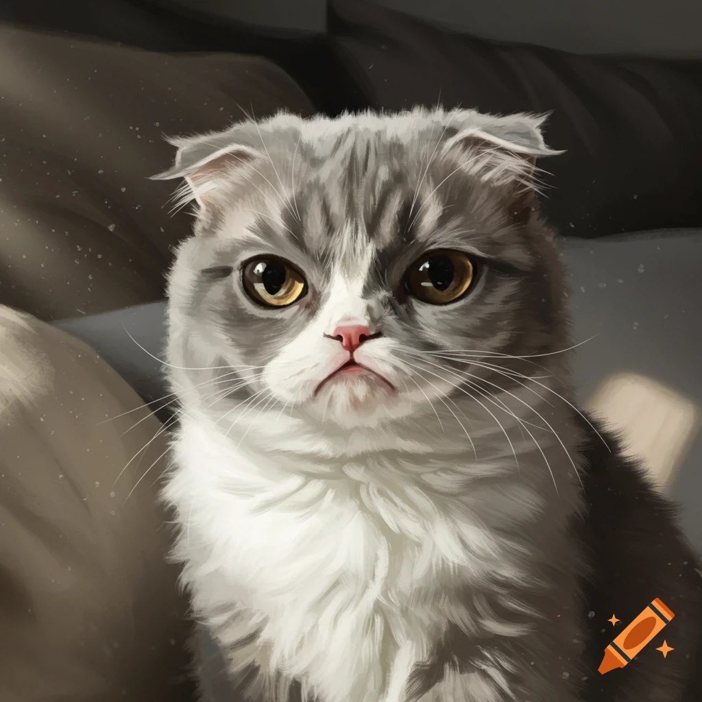 A close-up digital painting of a fluffy grey and white lop-eared cat ...