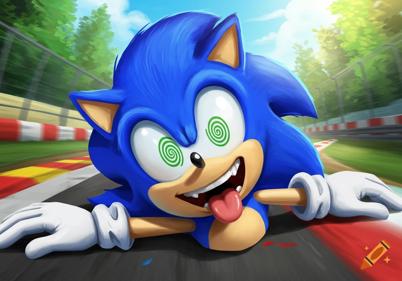Sonic the Hedgehog lying dazed on a race track with swirly eyes and his ...