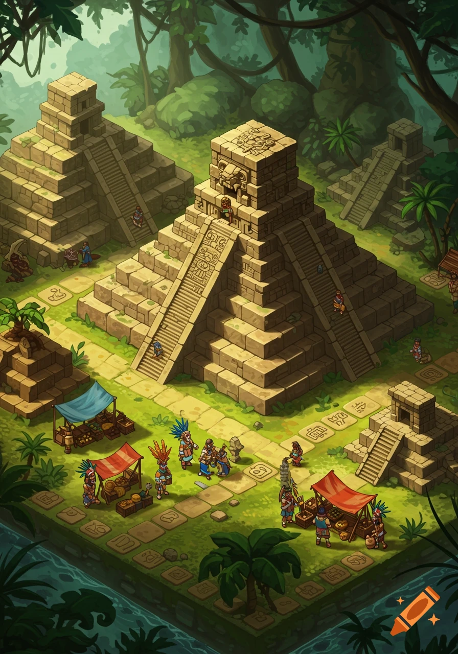Isometric illustration of an Aztec city with pyramids, market stalls ...