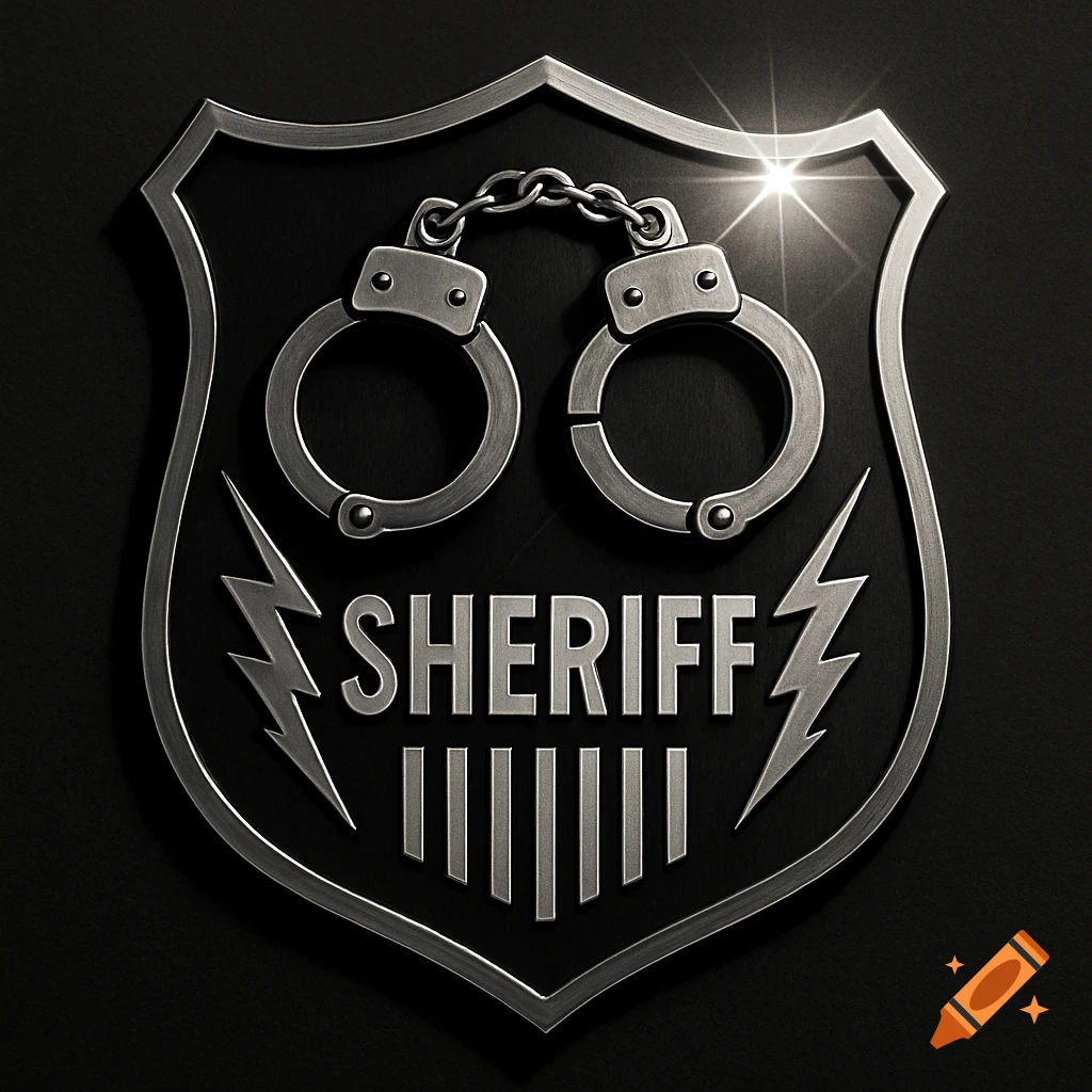 Metallic sheriff badge featuring handcuffs, lightning bolts, and the ...