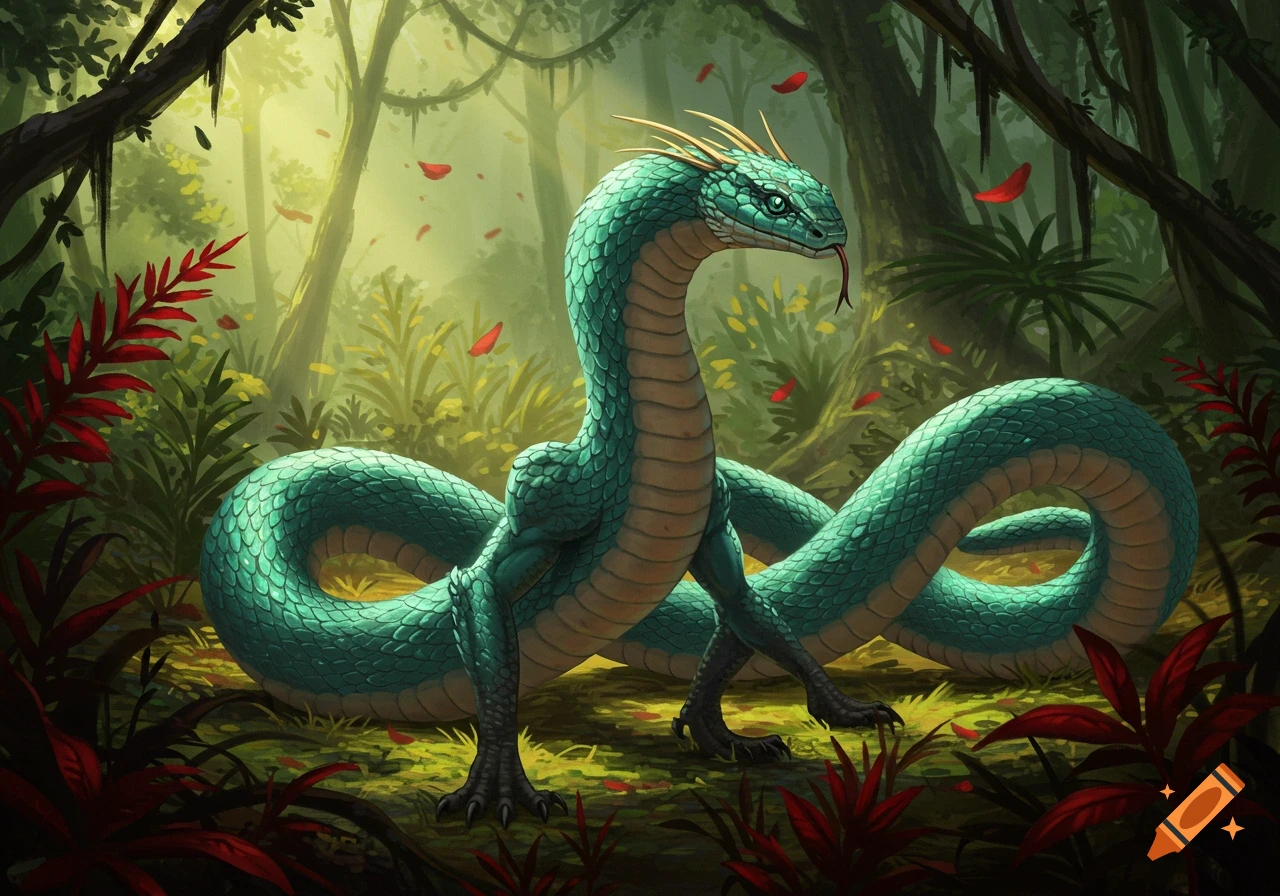 A teal snake-like creature with four legs stands in a lush, sunlit ...