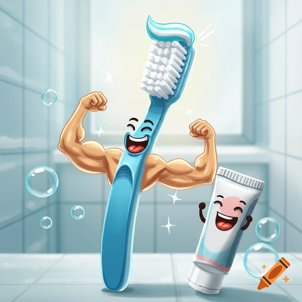 A cartoon toothbrush with muscular arms and a happy face stands proudly ...