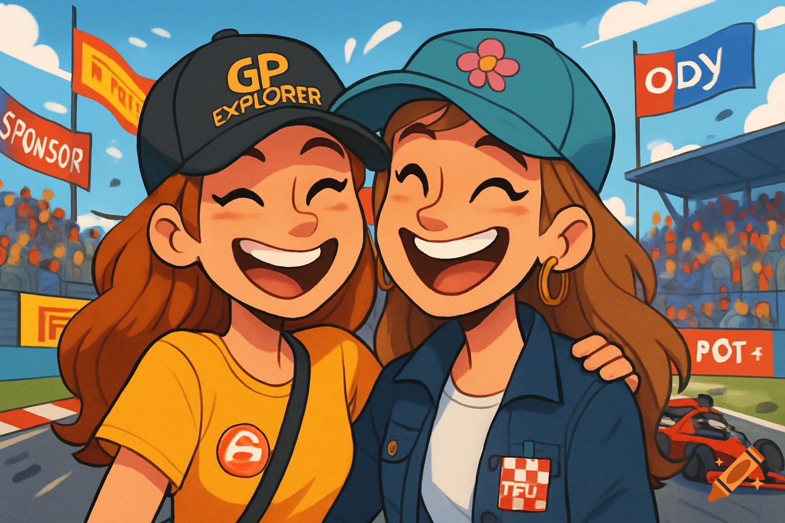 A cartoon illustration shows two smiling women in caps at a race, with ...