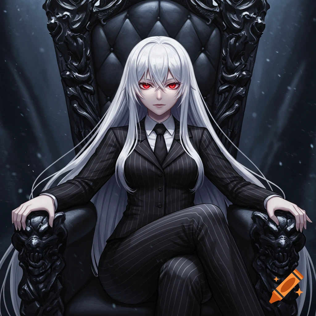 White-haired anime girl with red eyes in a spiderweb crop top and black ...