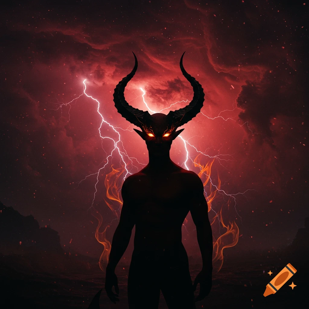 A dark silhouette of a horned demon with glowing red eyes, set against ...