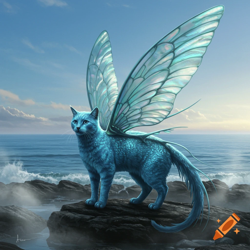 A bright teal crystal cat with iridescent wings sits on a rocky cliff ...