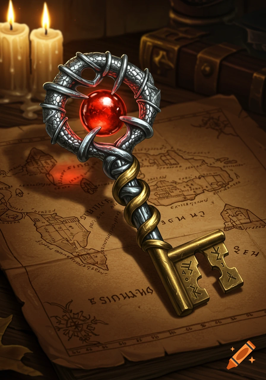 An ornate fantasy key with a red gem, wrapped in silver and gold, rests ...