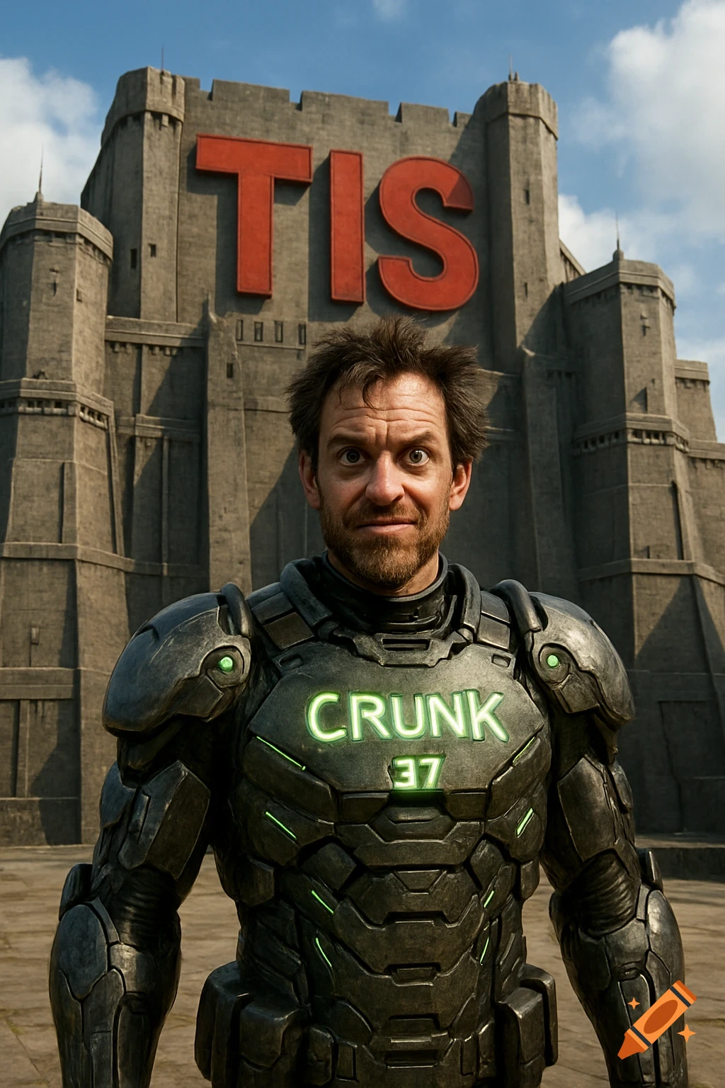 A wide-eyed man in futuristic green-glowing armor with "CRUNK 37" on ...