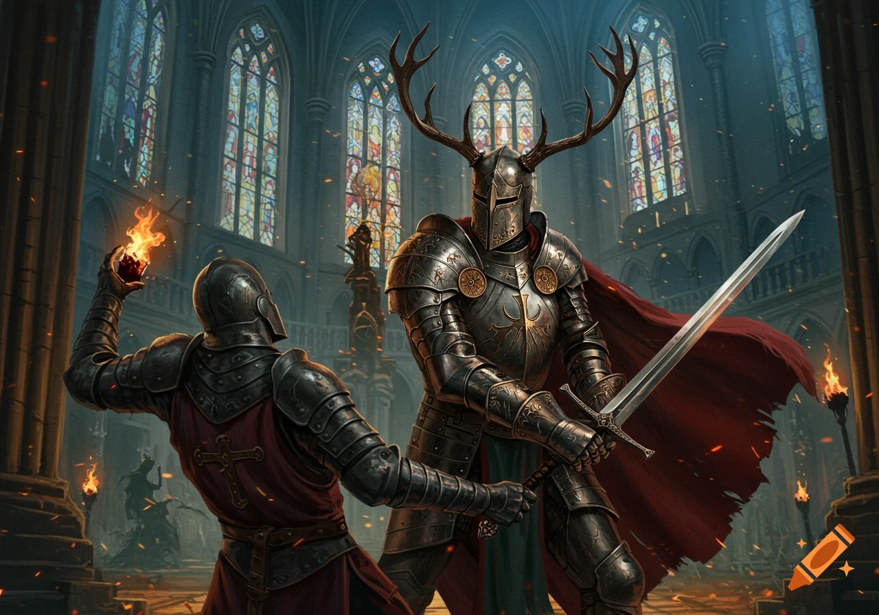 Two medieval knights in detailed armor fighting in a gothic cathedral ...