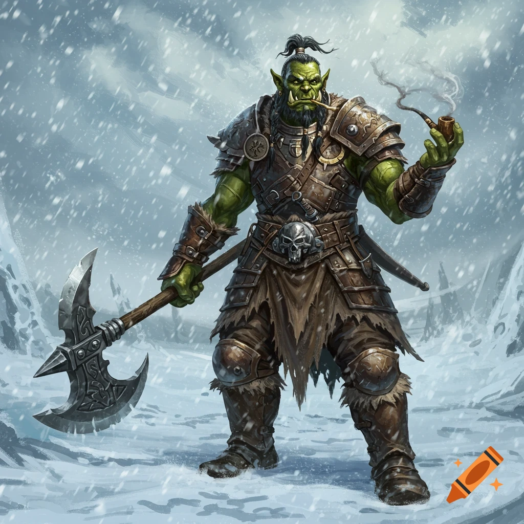A lean, green-skinned orc in hide armor smokes a pipe while holding a ...