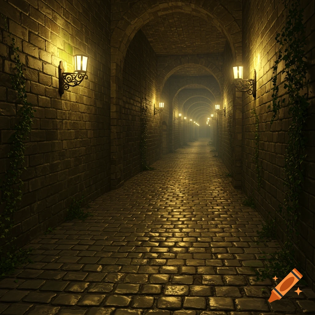 A long, dark, arched cobblestone hallway with lanterns on brick walls ...