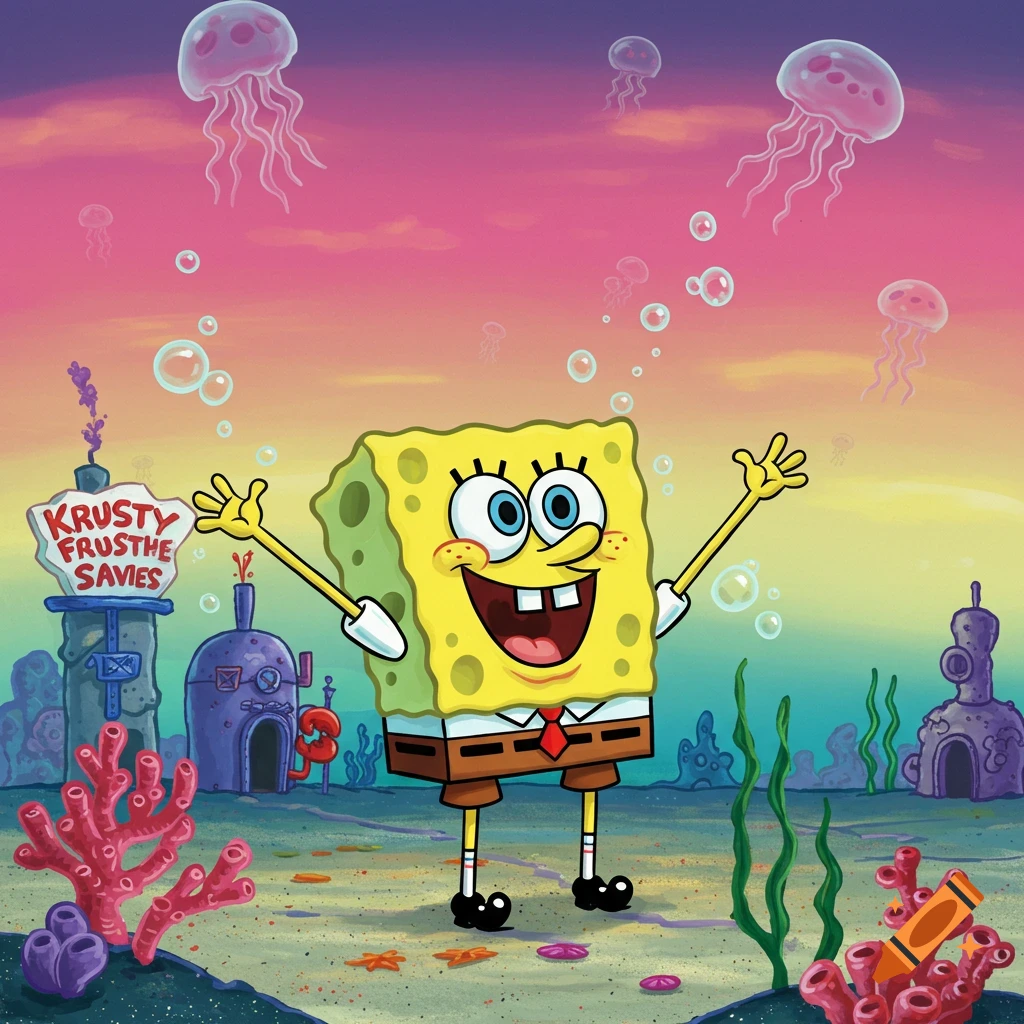 Spongebob Squarepants smiles, waving in an underwater scene with ...