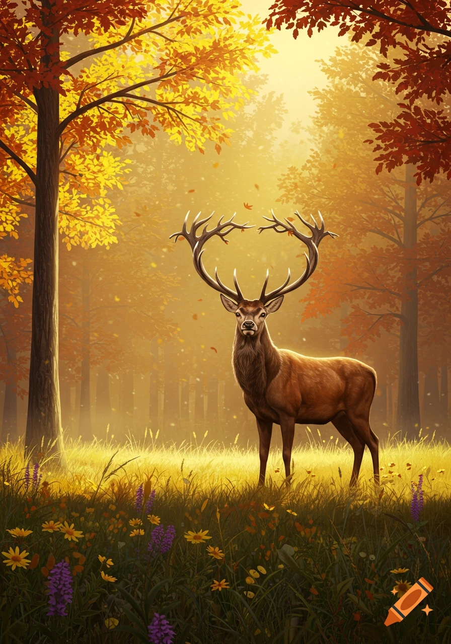 A majestic buck deer with large antlers stands in a sunlit autumn ...