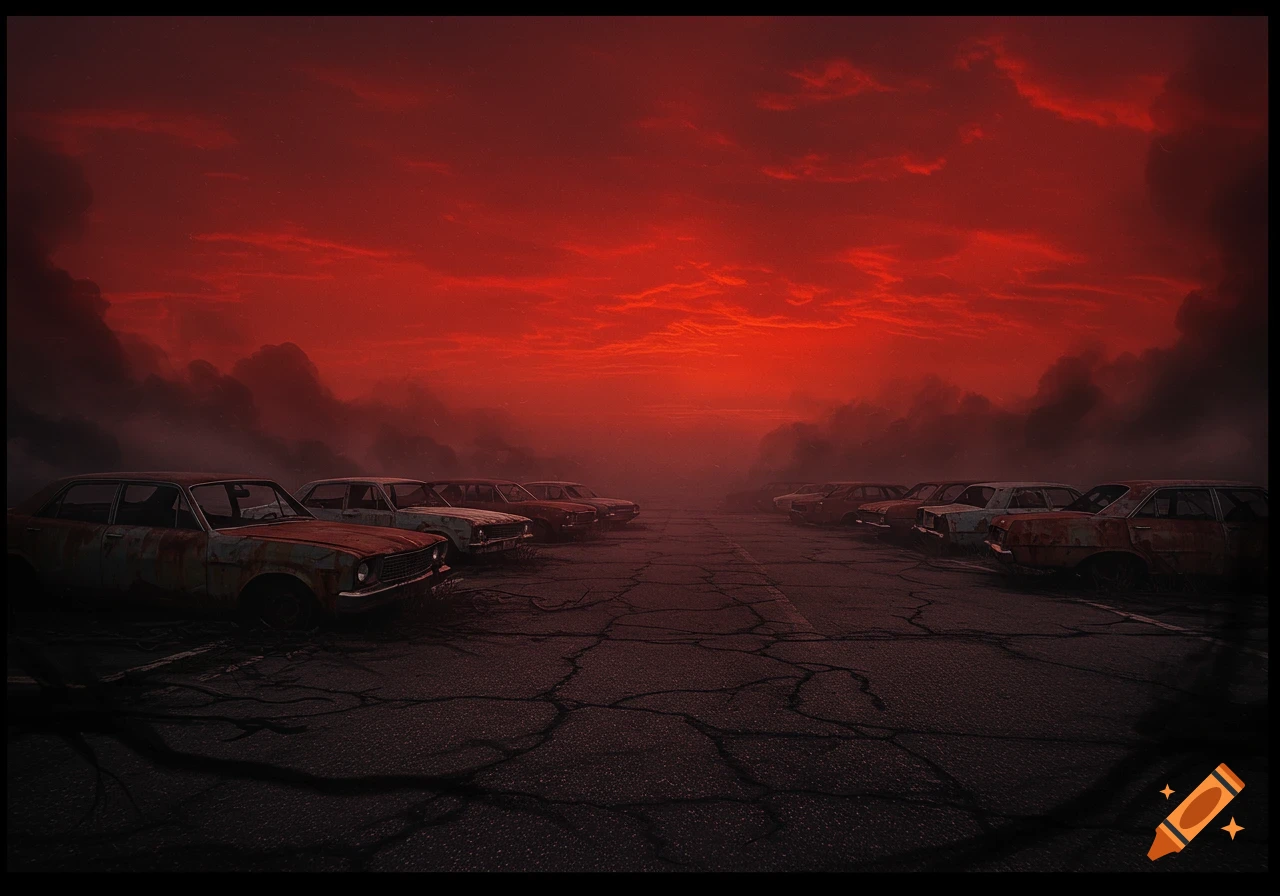 A desolate parking lot with lines of rusted cars under a fiery red sky ...