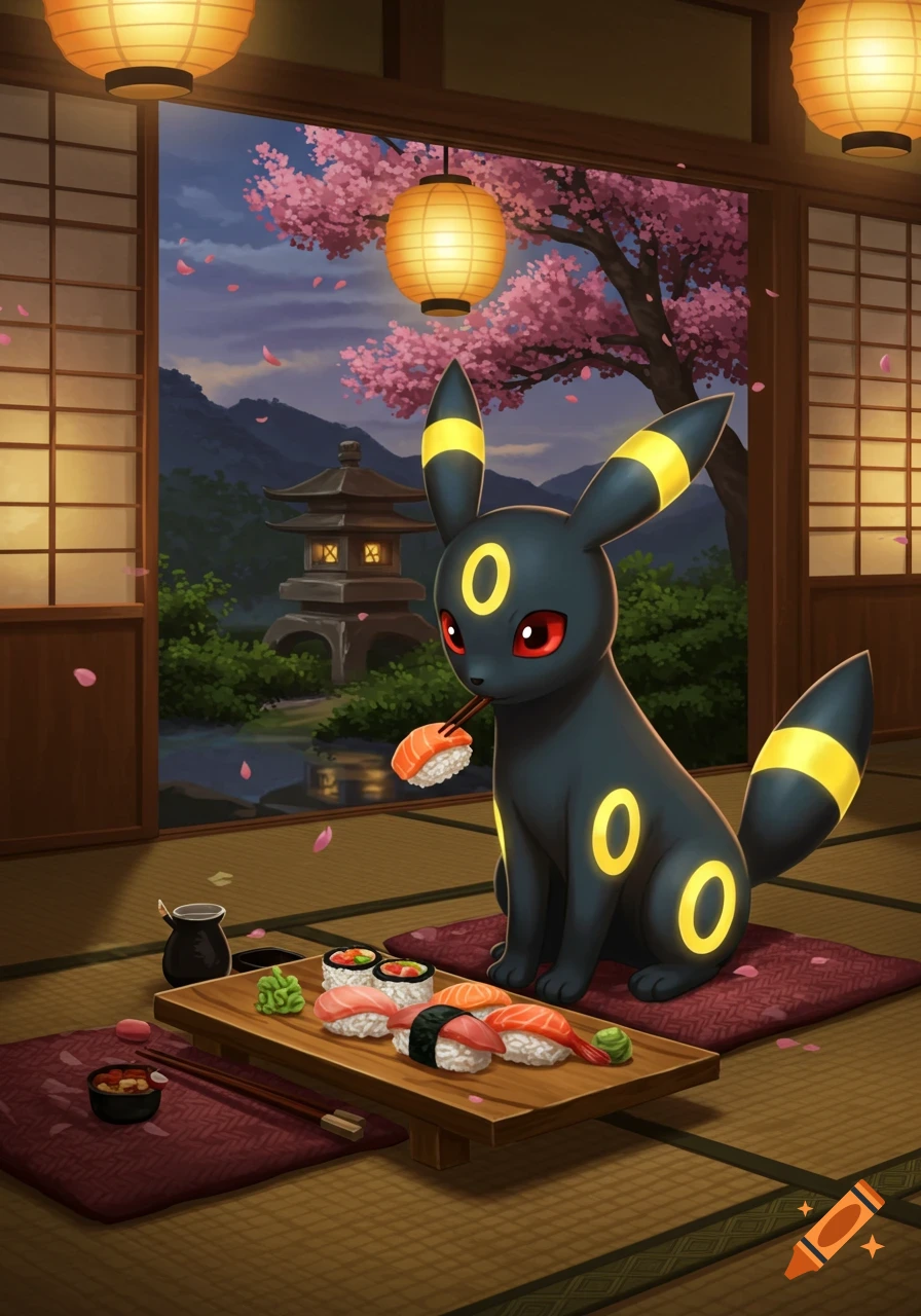 An Umbreon sits on a tatami mat, eating sushi with chopsticks in a ...