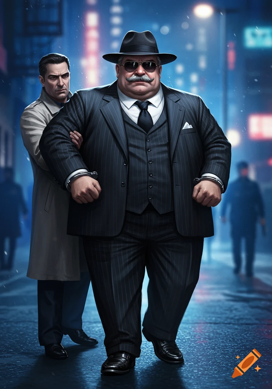 A handcuffed, angry mafia boss in a pinstripe suit and fedora is ...
