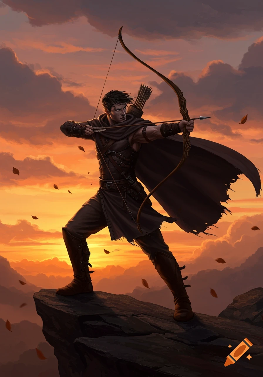 A male archer in dark attire stands on a cliff, aiming his bow at a ...