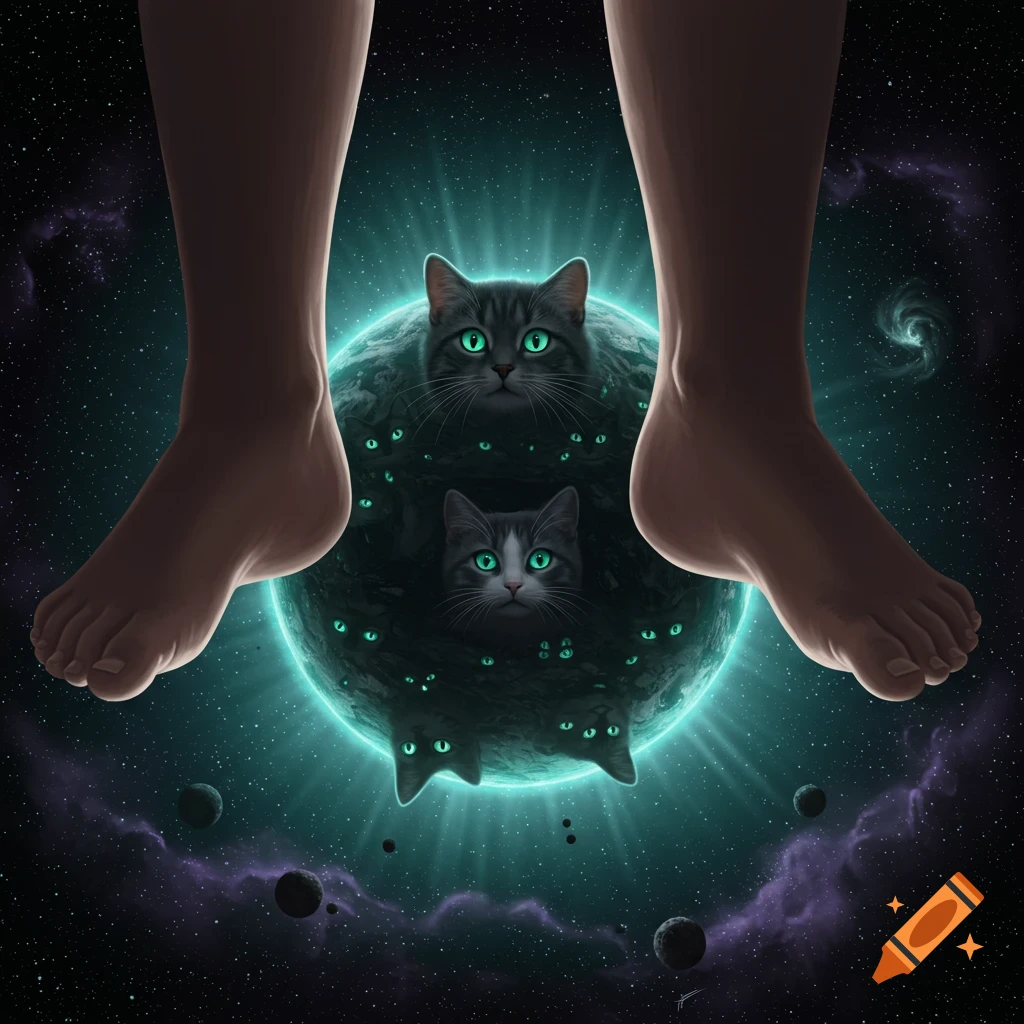 Bare human feet hover over a glowing cat-filled planet with green eyes ...