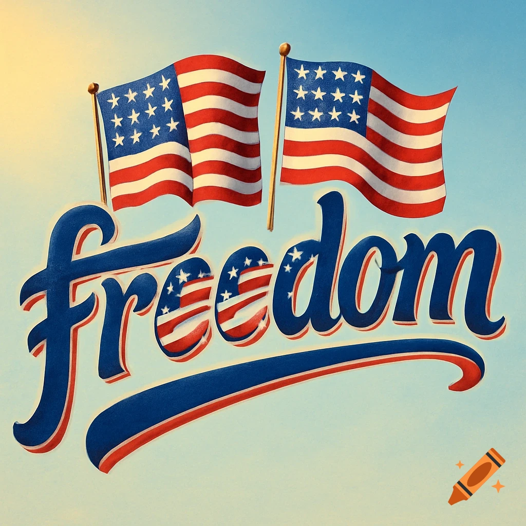 Two American flags flying above the stylized, patriotic word 'freedom ...