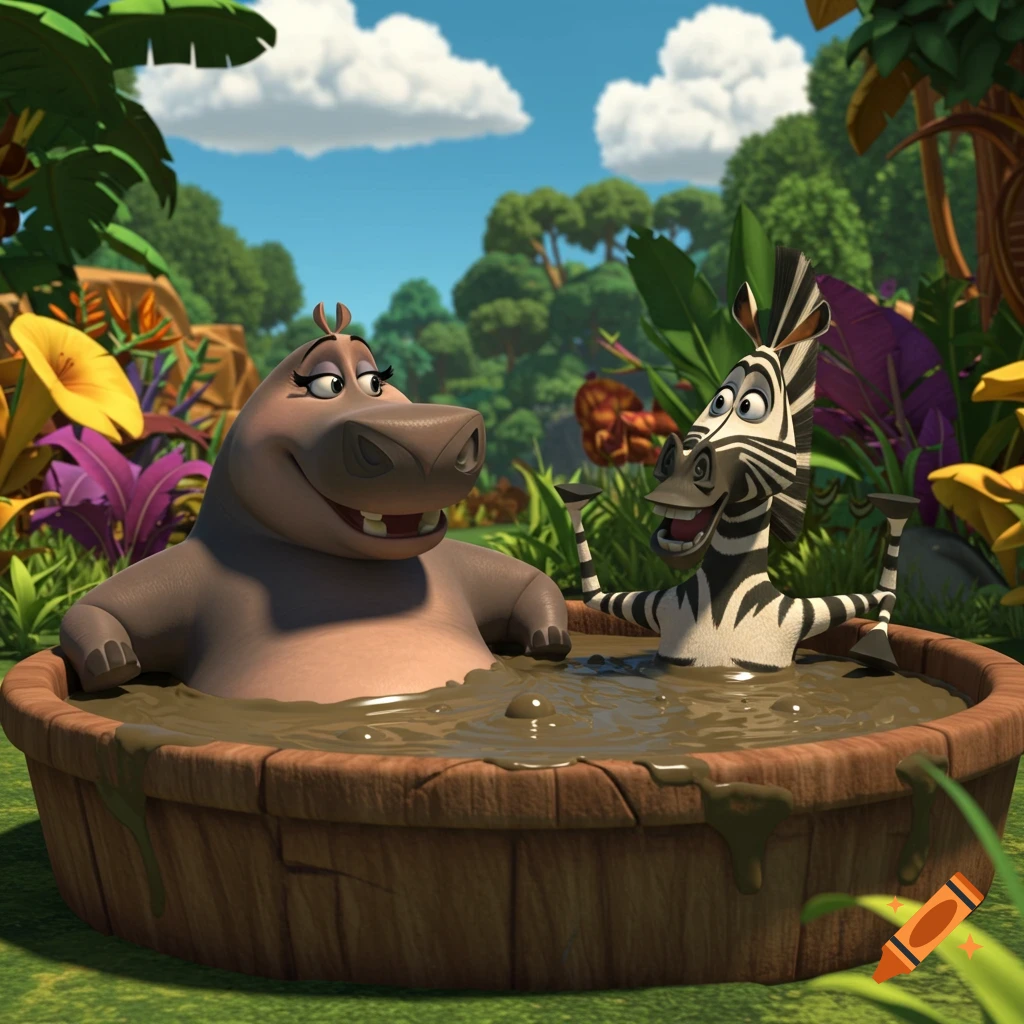 Marty the zebra and Gloria the hippo joyfully slide down a brown ...