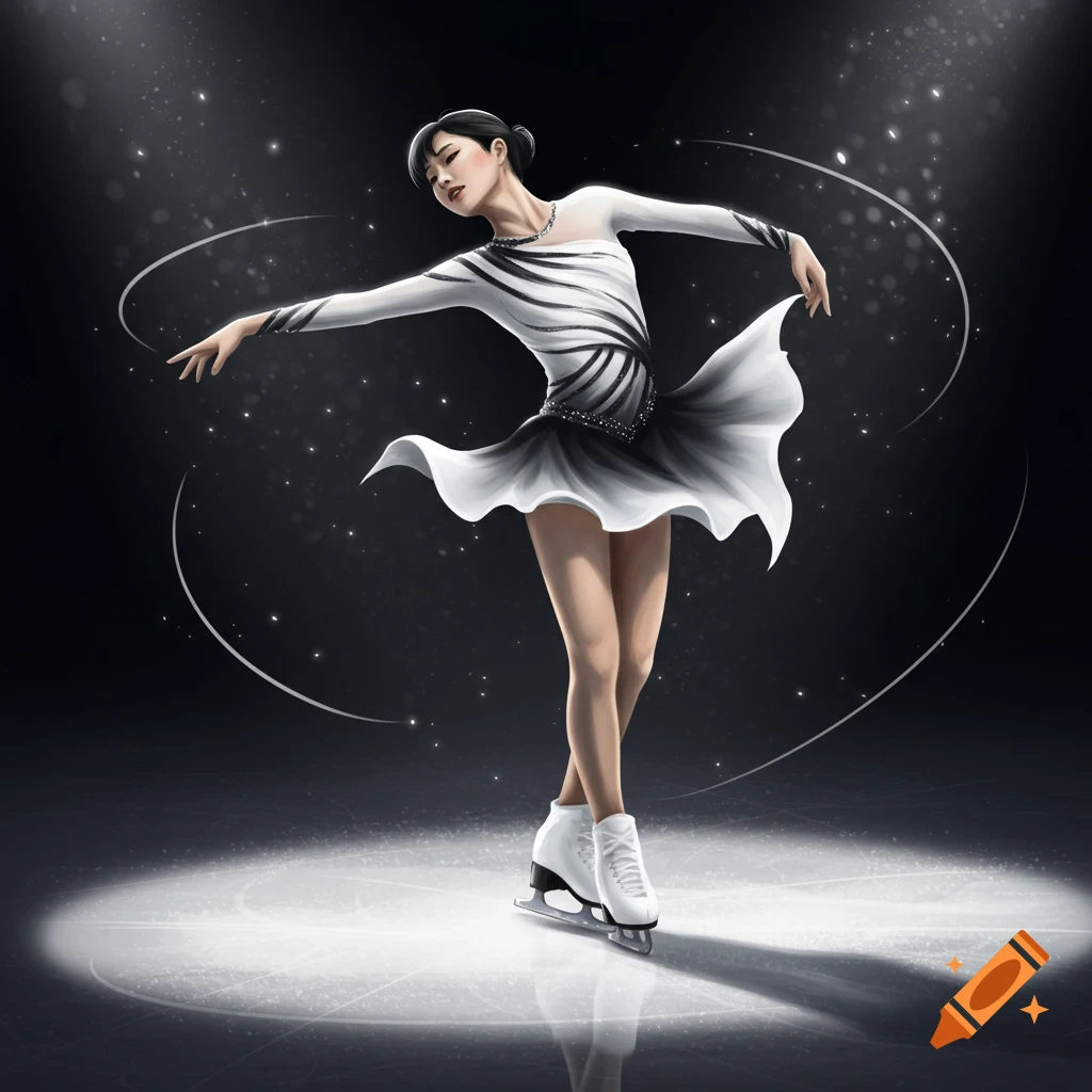 A stylized illustration of a female figure skater in a white and black ...