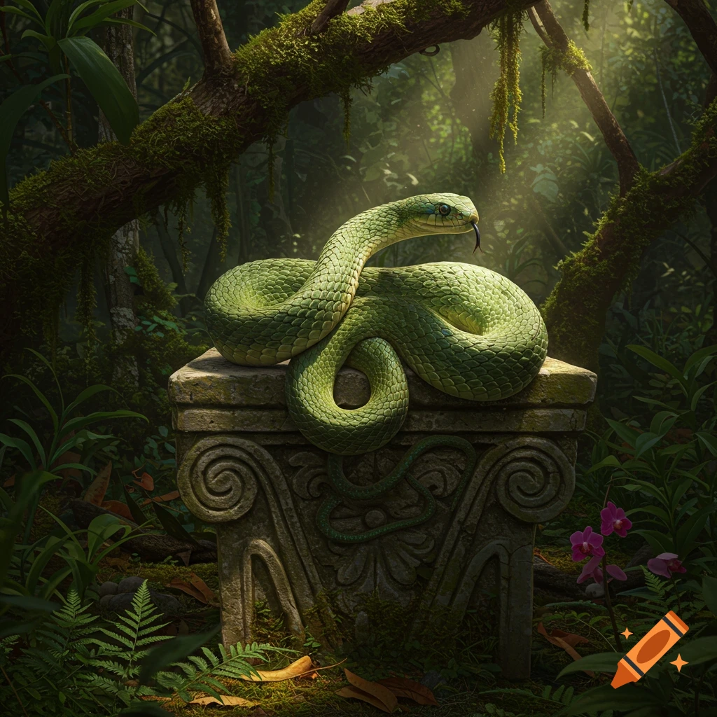 A vibrant green snake coiled on an ancient stone pedestal in a sunlit ...